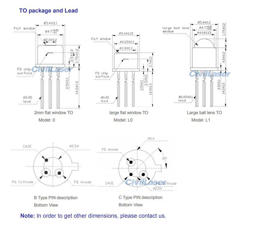 400nm~1700nm 1mm InGaAs PIN 포토다이오드 TO46 Package