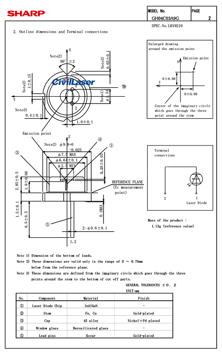 GH04C03A9G Sharp 455nm 3.5W 고성능 Blue 레이저 다이오드 TO5 Package