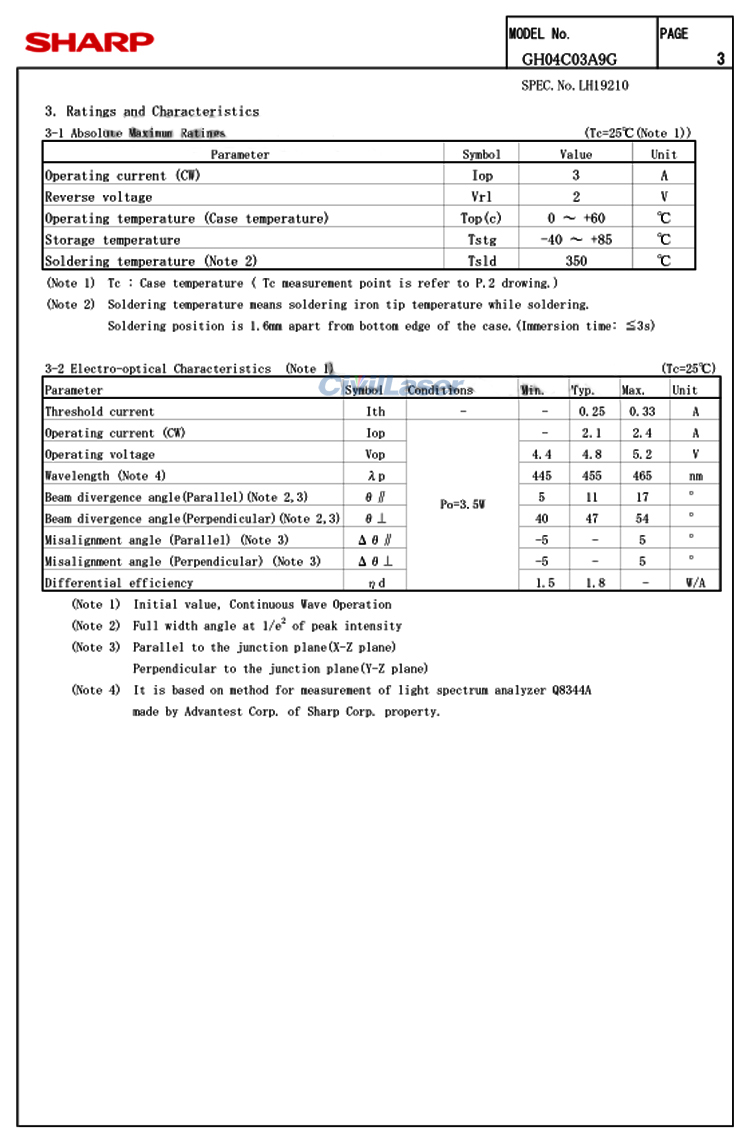 GH04C03A9G Sharp 455nm 3.5W 고성능 Blue 레이저 다이오드 TO5 Package