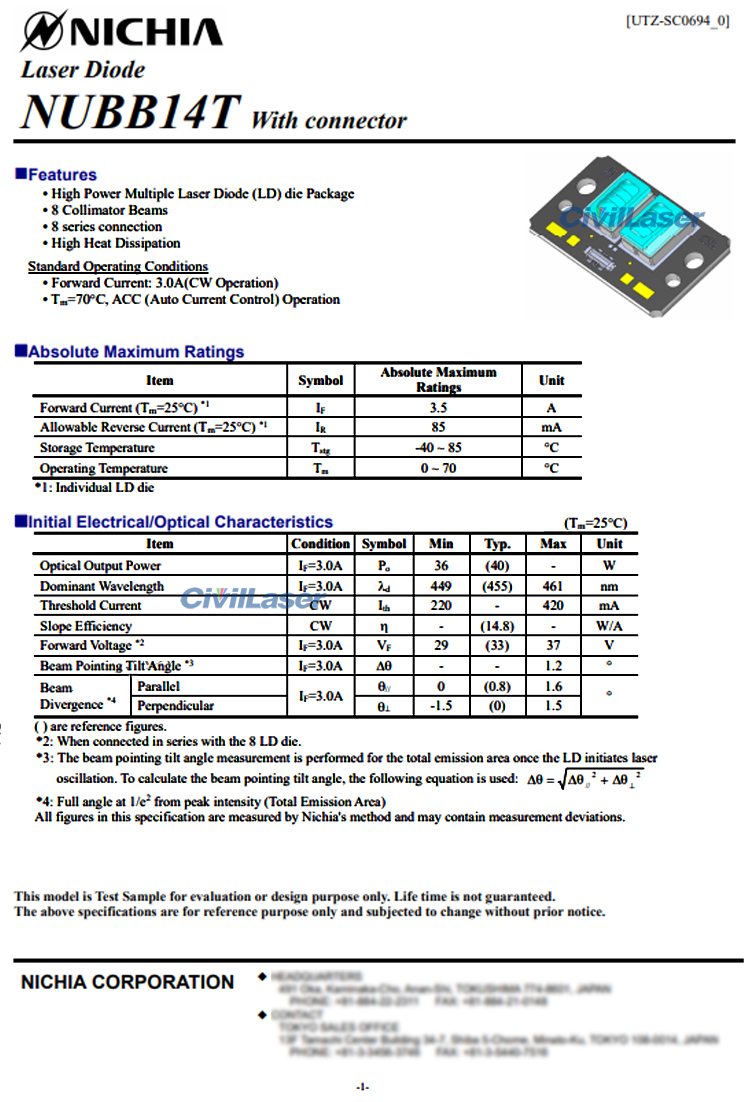Nichia 455nm 40W Laser Integration Module NUBB14T 8 Blue Laser Modules