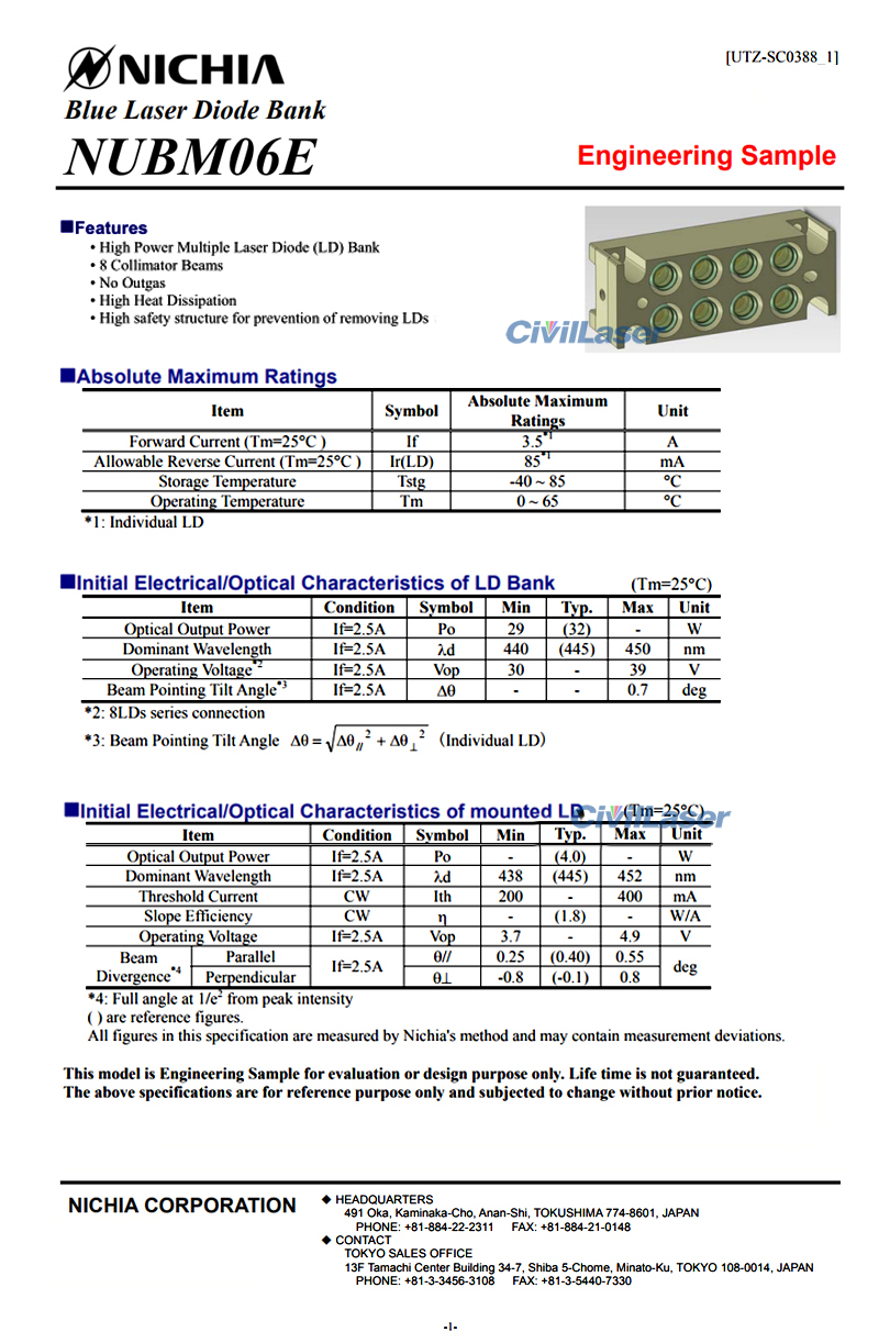 Nichia NUBM06 Blue 레이저 다이오드 8*4W 32W Diode Bank