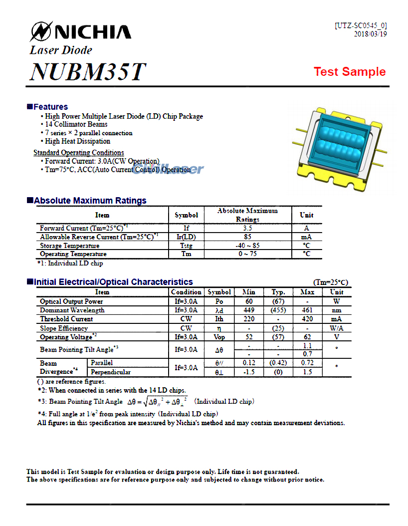 Nichia NUBM35 455nm 67W Blue Module Laser Diode 4.75W*14 LDs ...