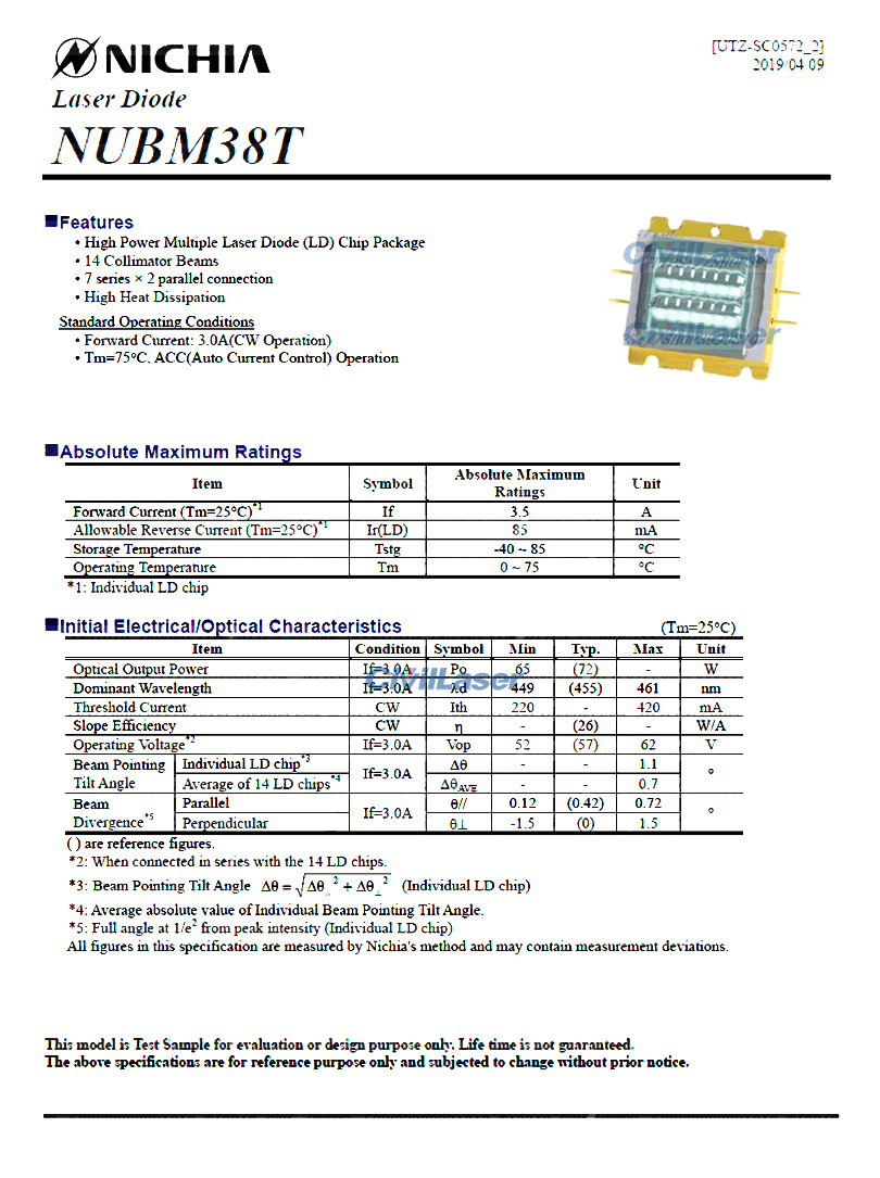 Nichia NUBM38 455nm 72W 블루 레이저 다이오드 Integration Module Projection 광원