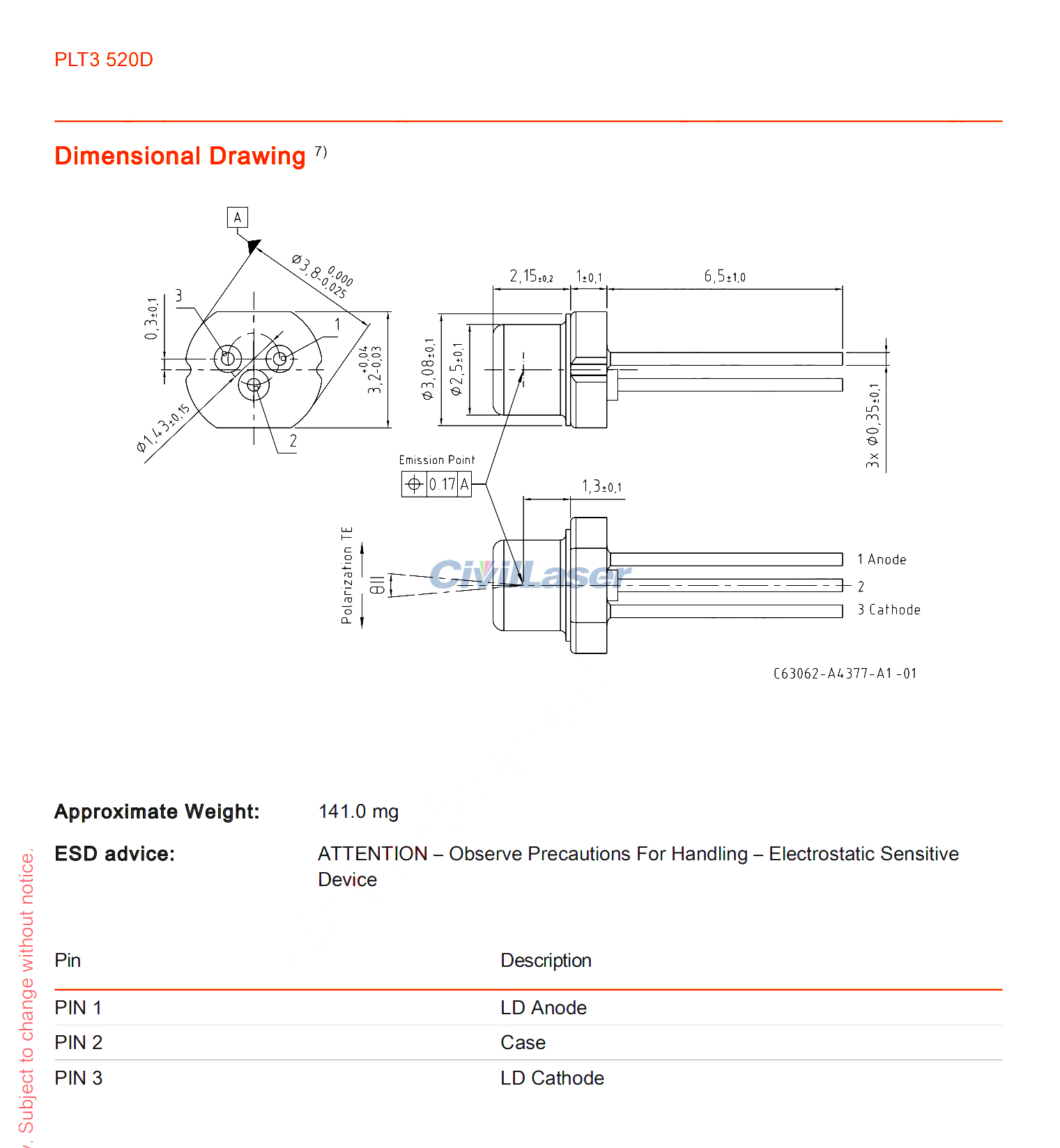 Osram PLT3 520D 520nm 140mW 녹색 레이저 다이오드 TO38 Package