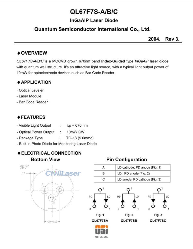 QSI 670nm 10mW 빨간색 레이저 모듈 Diode QL67F7S LD TO-18 5.6mm