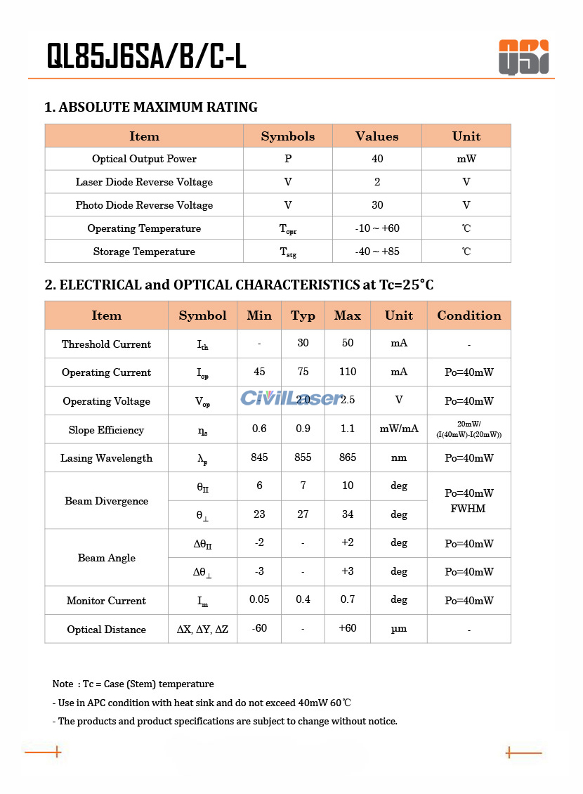 QSI QL85J6SX-L IR LD 850nm 40mW Inrared 레이저 다이오드 For Laser Senor